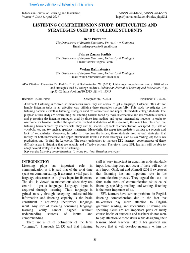 Listening Comprehension Study Difficulties And Strategies Pdf