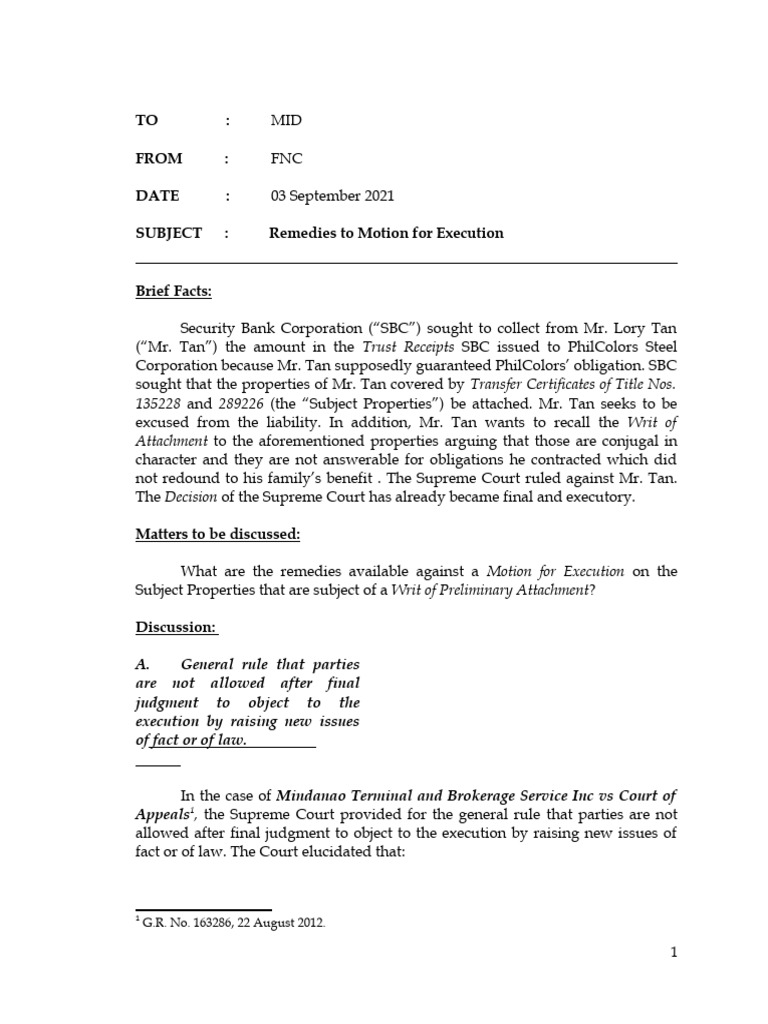 Legal Memorandum On Motion For Execution - Revised | PDF | Judgment ...
