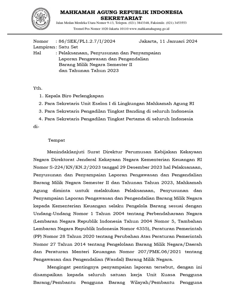 Surat Edaran Laporan Wasdal BMN Semester II Dan Tahunan Tahun 2023 ... Surat Edaran Laporan Wasdal BMN Semester II Dan Tahunan Tahun 2023 ...