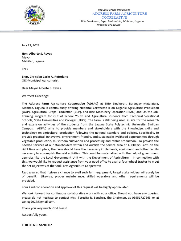 Adfac Request Letter For Farm Machineries | PDF | Agriculture | Food ...