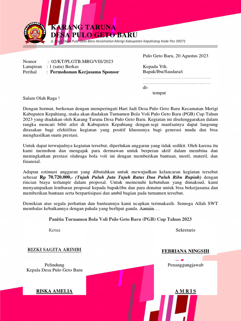 Desa Pulo Geto Baru - Proposal Turnamen Voli | PDF