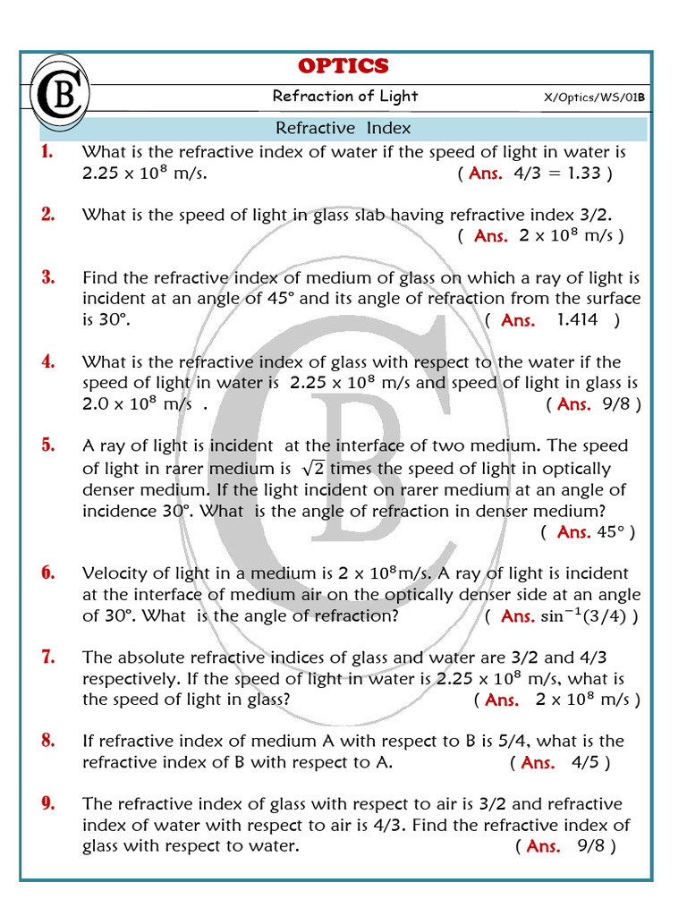 Optics: Refractive Index Problems | PDF | Home & Garden | Science ...