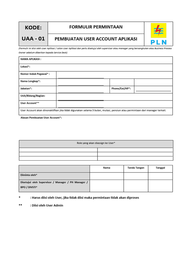 [UAA-01] Formulir Permintaan Pembuatan User Account Aplikasi. | PDF