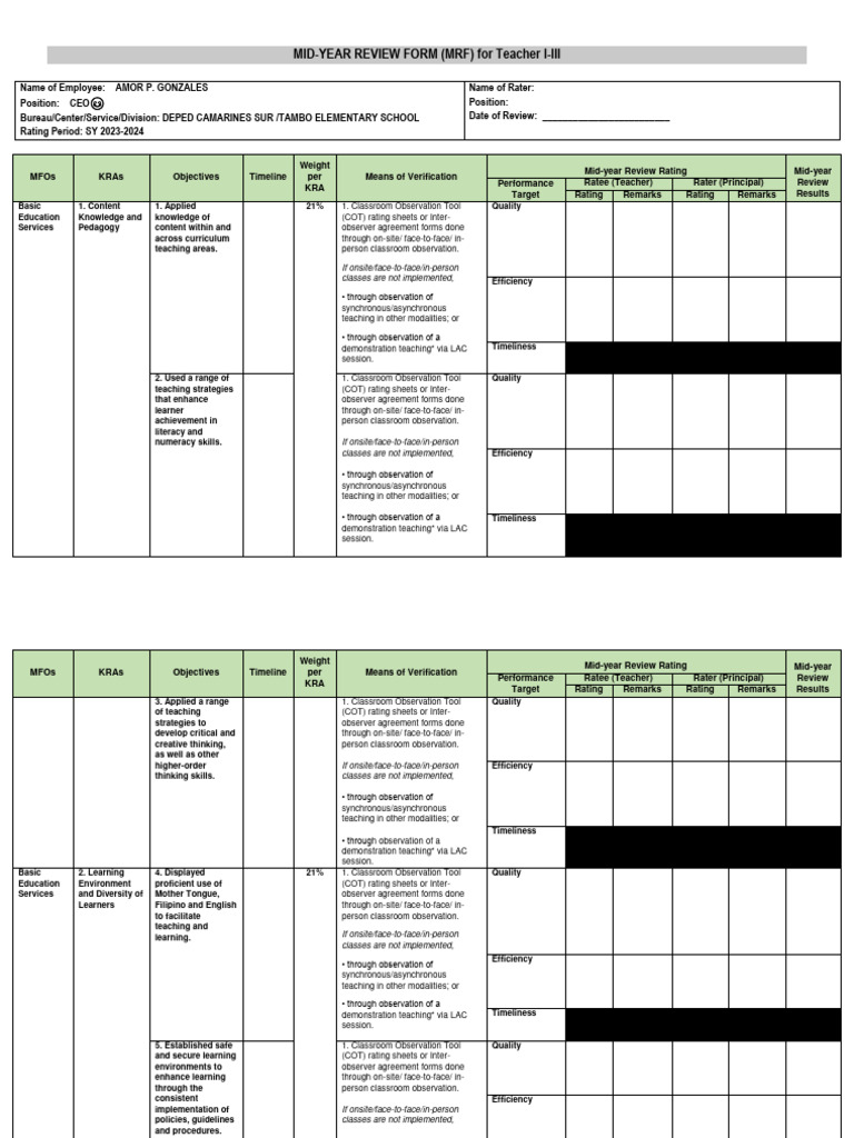 Mid-Year Review for Teacher Performance | PDF | Learning | Teachers