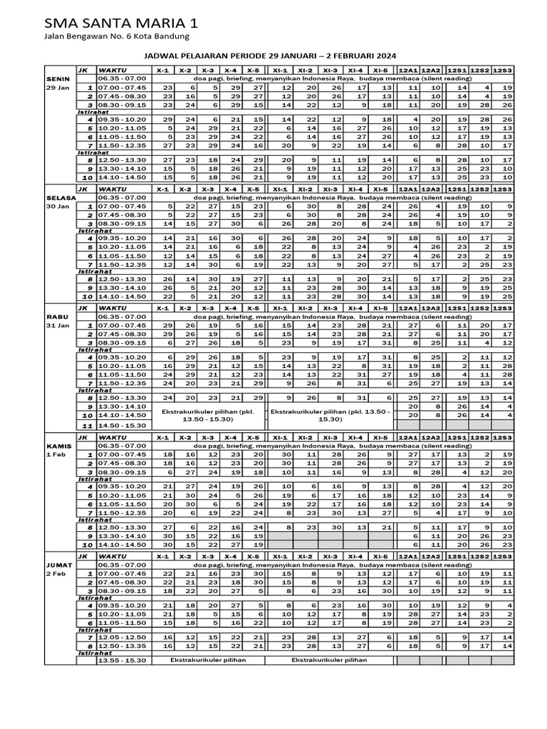 SM2 - 4 - Jadwal Pelajaran Periode 29 Januari - 2 Februari 2024 | PDF