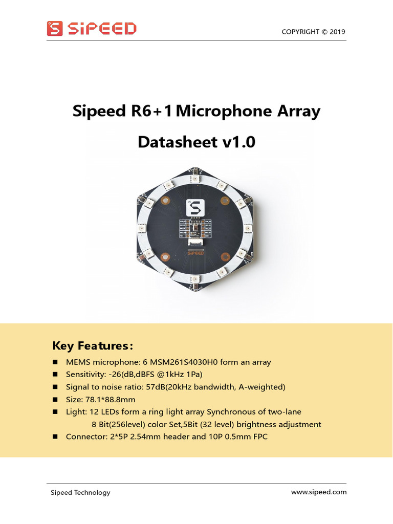 Sipeed R6 1 Microphone Array Datasheet V1.0 | PDF | Microphone | Decibel Sipeed R6 1 Microphone Array Datasheet V1.0 | PDF | Microphone | Decibel