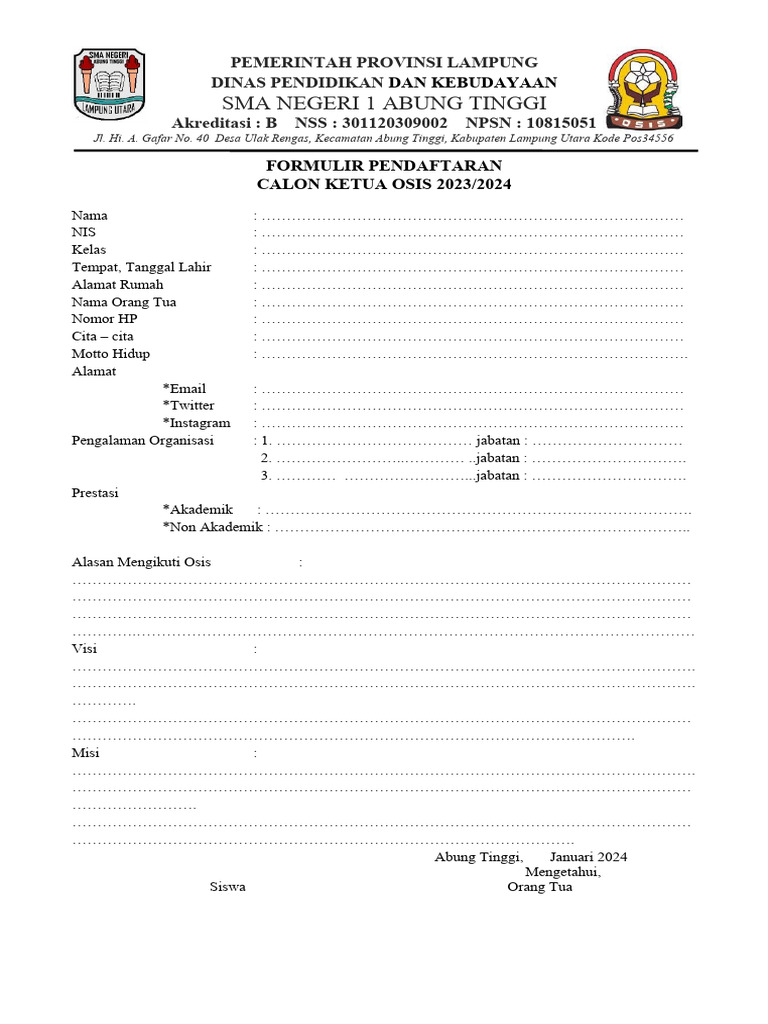 Formulir Daftar Osis 2024 | PDF