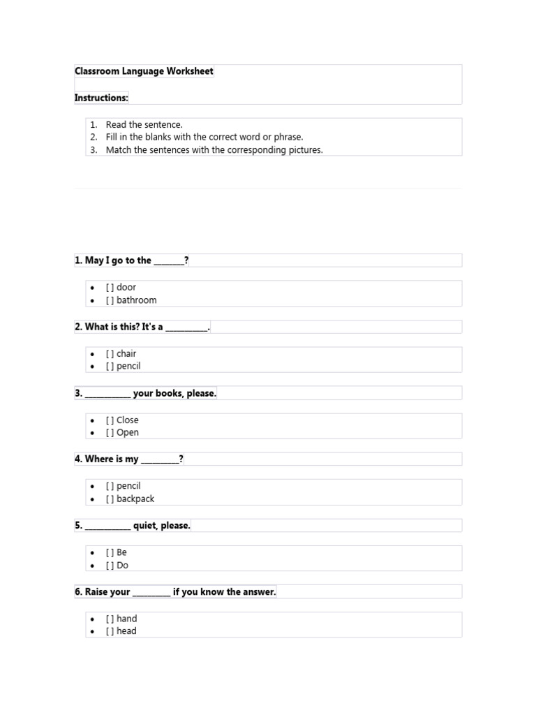 Classroom Language Worksheet | PDF