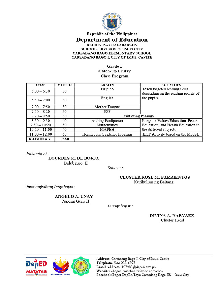 g1 Class Program 2023 2024 Catch Up Friday | PDF