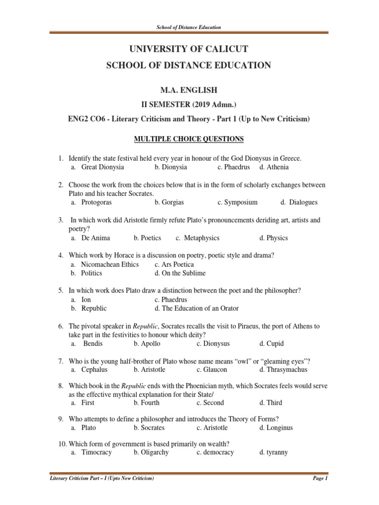 MA II Sem. - Literary Criticism MCQ | PDF | Plato | Tragedy