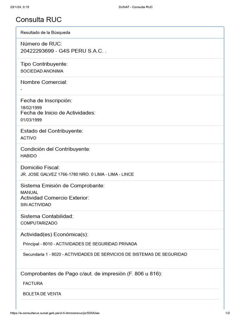 SUNAT - Consulta RUC - G4S PERU SAC | PDF