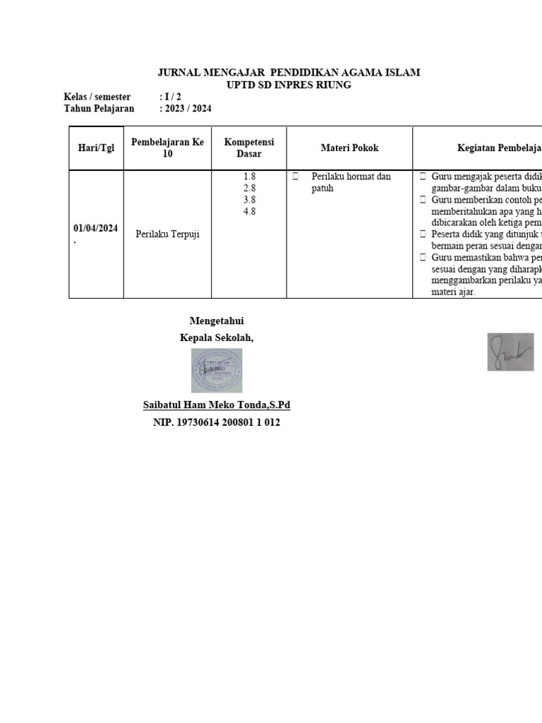 Jurnal Harian PAI Kelas 1 Kurikulum Merdeka | PDF