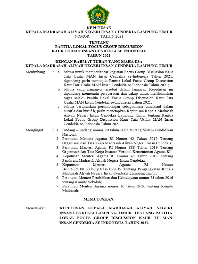 SK Panitia Lokal FGD Kaur TU MAN IC Se-Indonesia | PDF