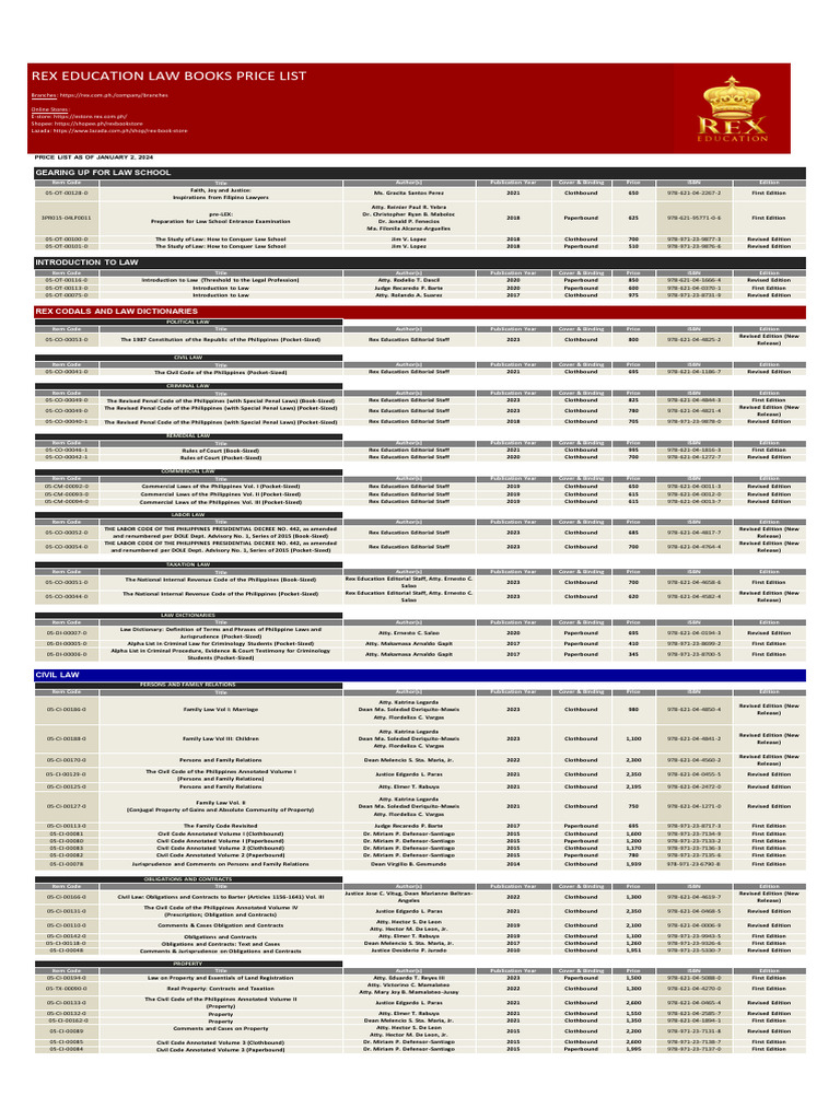 REX Book Store Law Books Pricelist (01.02.2024) | PDF