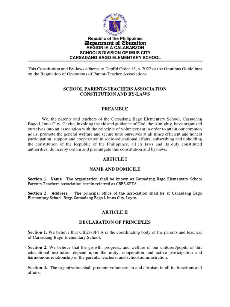 CBES SPTA Constitution and by Laws | PDF | Impeachment | Ratification