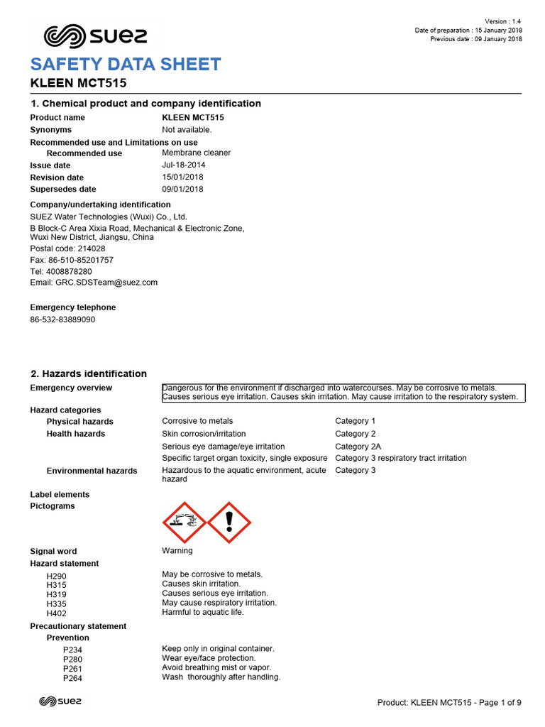 MSDS Kleen Mct515-Suez | PDF | Dangerous Goods | Toxicity