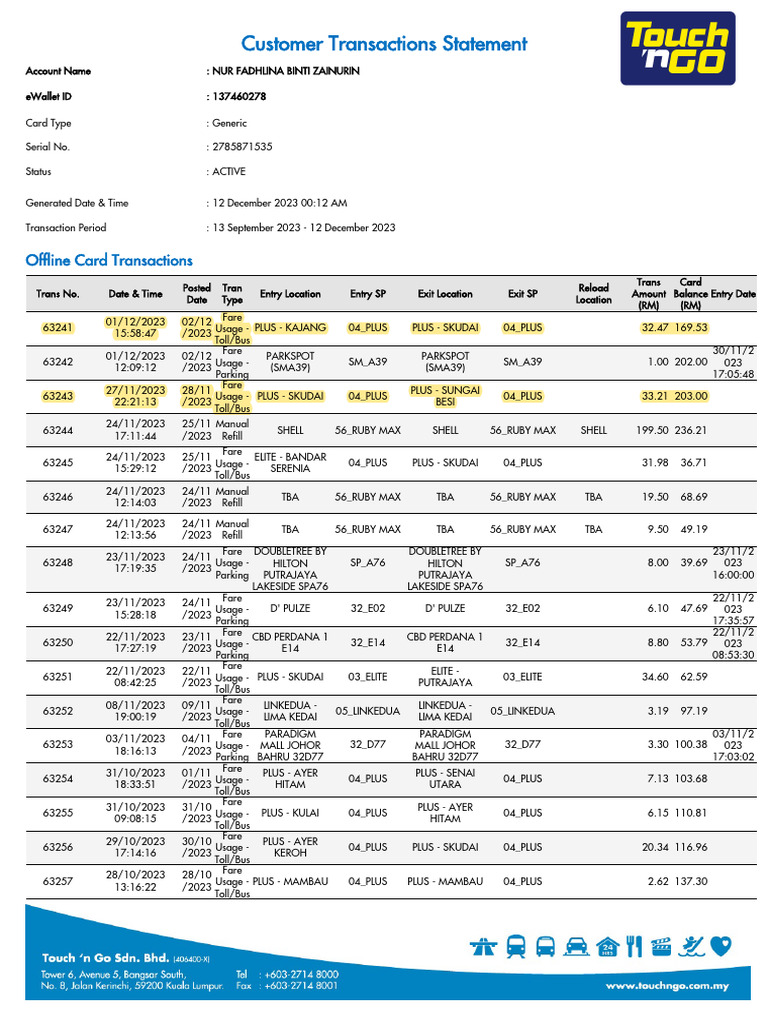 Touch 'n Go Transaction Statement | PDF | Payments | Banking Technology