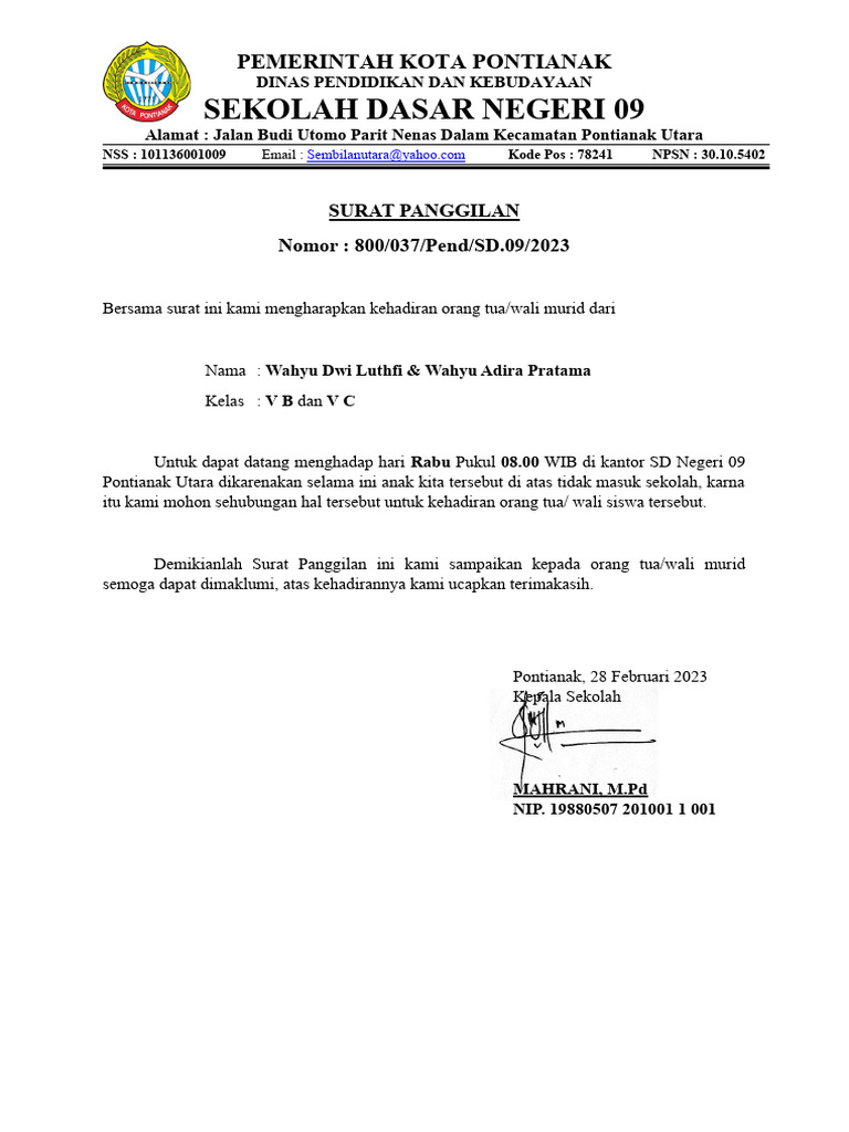 Surat Panggilan Orang Tua Siswa | PDF Surat Panggilan Orang Tua Siswa | PDF