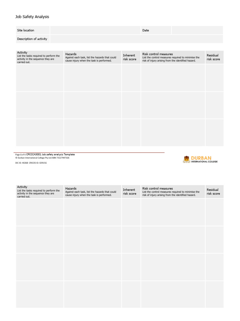 5. Task 2.1 Job Safety Analysis Template 2 | PDF | Risk | Workplace