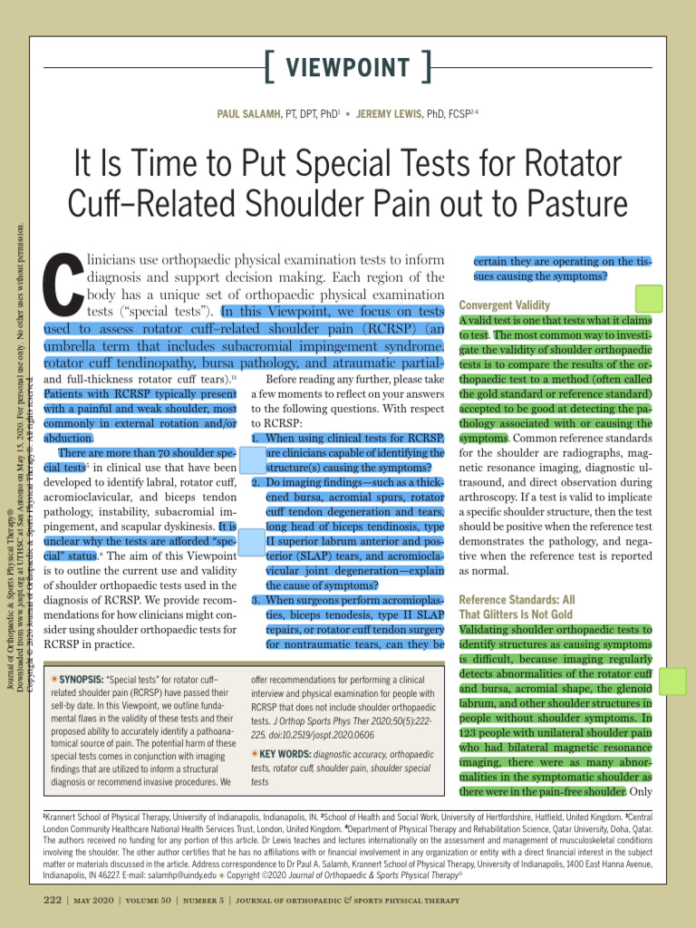 It is Time to Put Special Tests for Rotator Cuff Related Shoulder Pain ...
