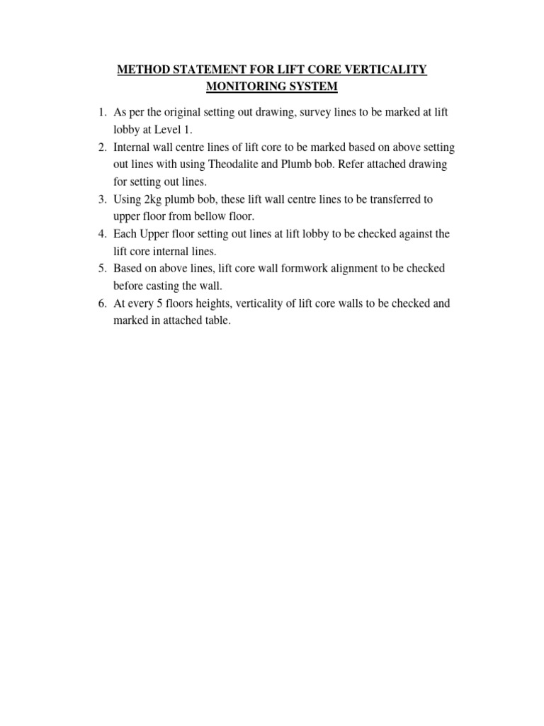 Method Statement For Lift Core Verticality Monitoring | PDF