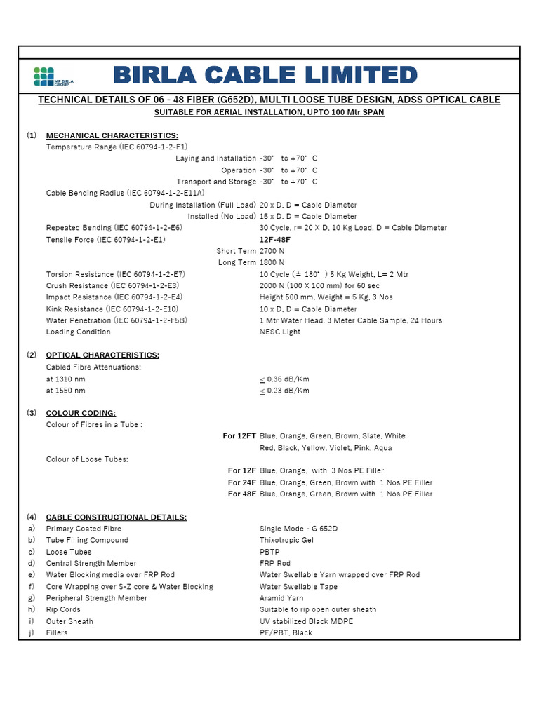 12F-288F ADSS Cable For 100M SPAN LENGHT | PDF | Optical Fiber ...