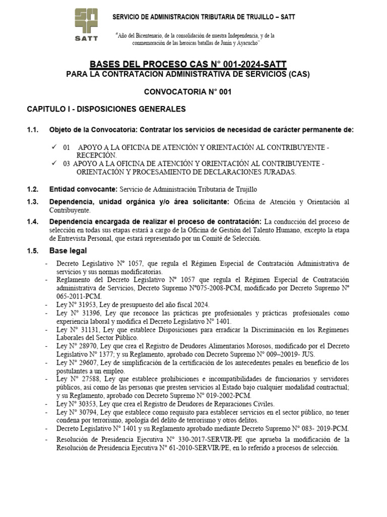 BASES DEL PROCESO CAS Nro 001-2024-SATT CONV Nro 001 - OFAC | PDF ... BASES DEL PROCESO CAS Nro 001-2024-SATT CONV Nro 001 - OFAC | PDF ...