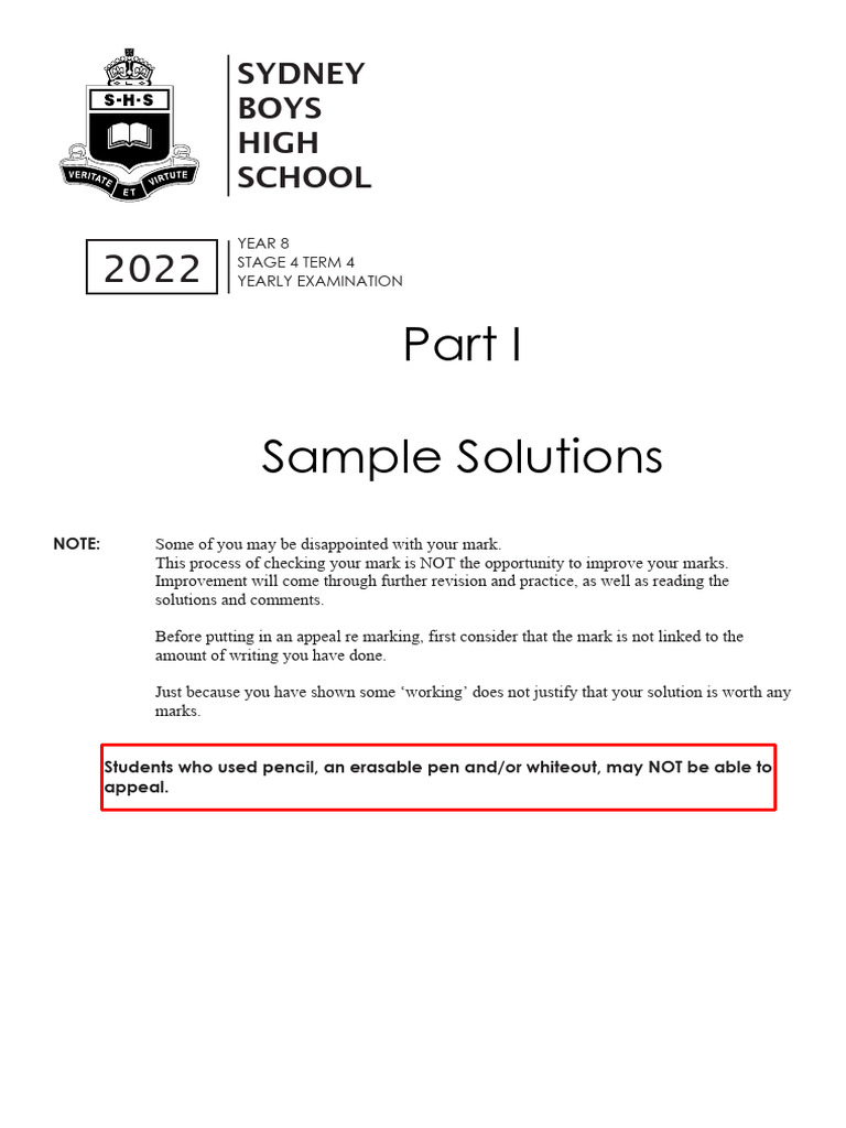 Sbhs 2022 Y8 Yrly Part I Sol | PDF | Arithmetic | Mathematics