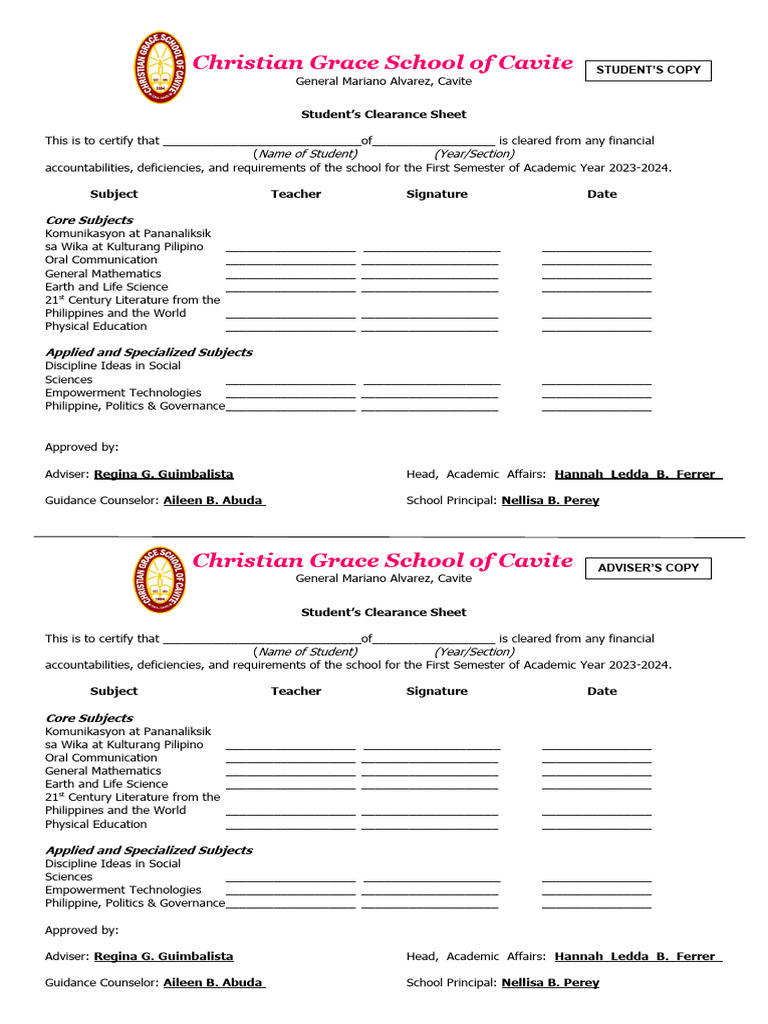 Clearance-Sheet SHS | PDF | Science