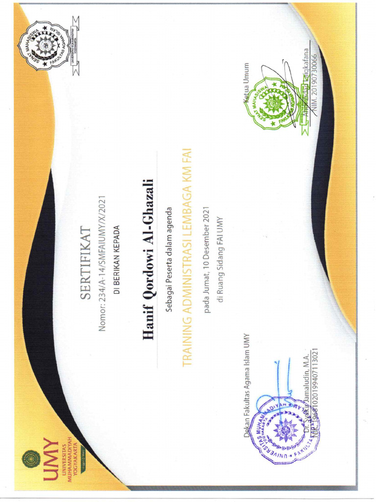 Sertifikat Peserta Training Administrasi Lembaga KM FAI | PDF