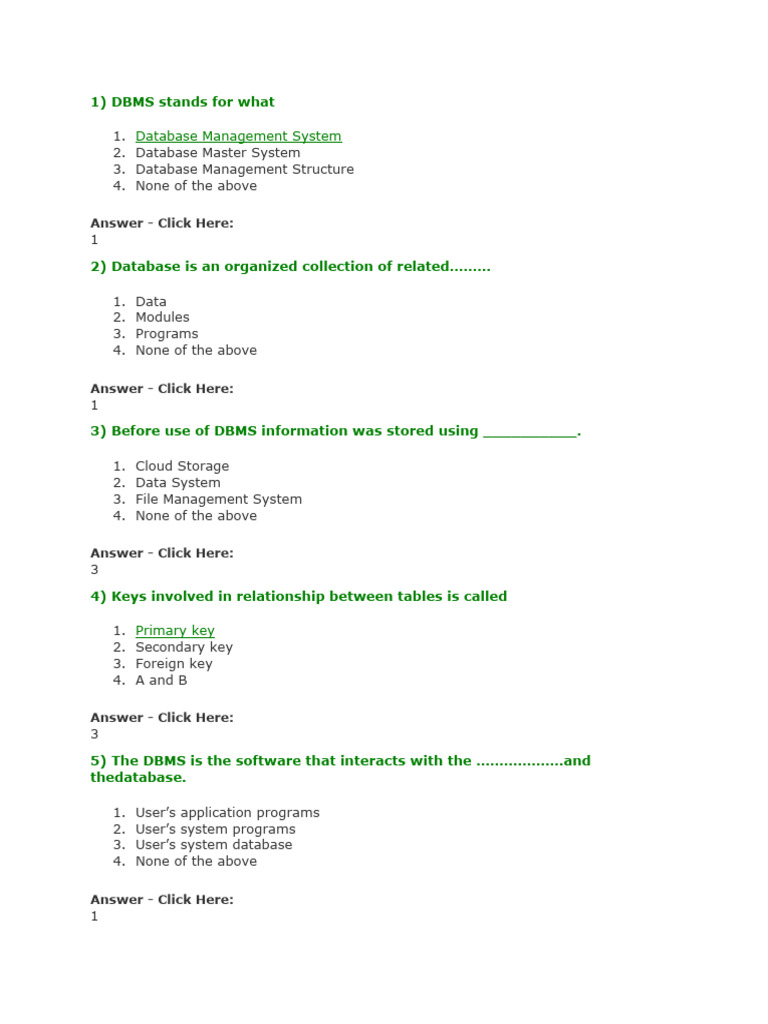 Database Management System: Answer - Click Here | PDF | Databases | Relational Database