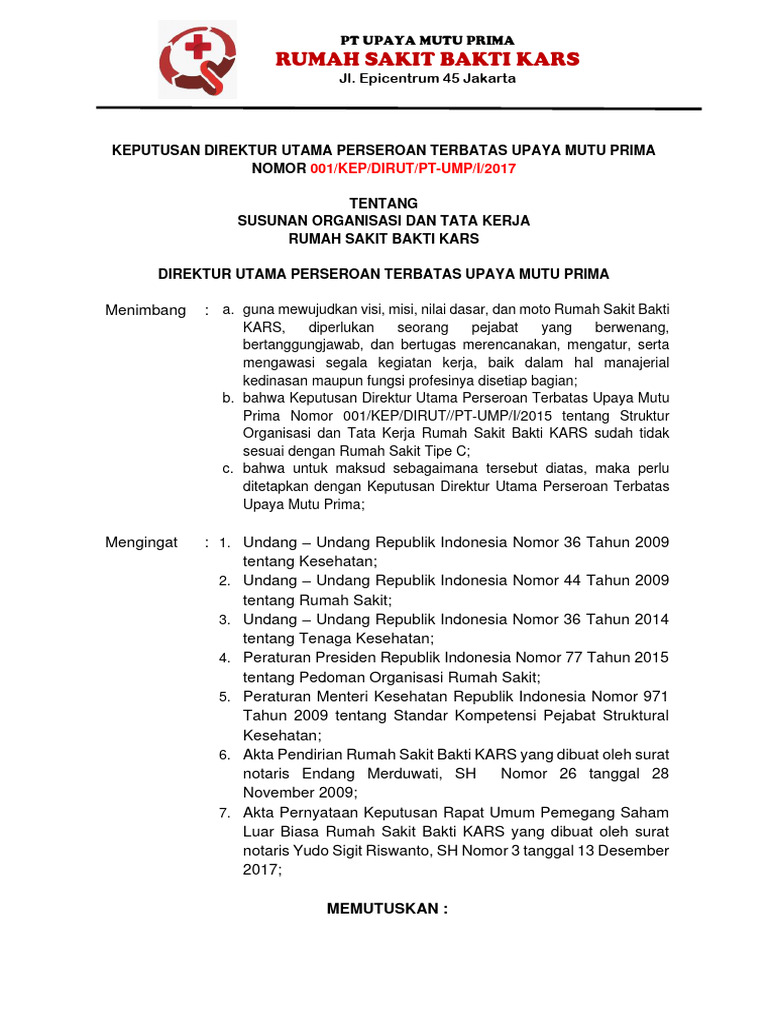 TKRS 1 EP 2 Susunan Organisasi Tata Kerja SOTK RSBK | PDF