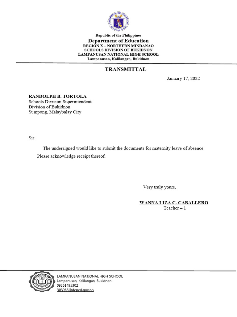 Maternity Leave Intent Letter - DepEd | PDF | Government | Social ...