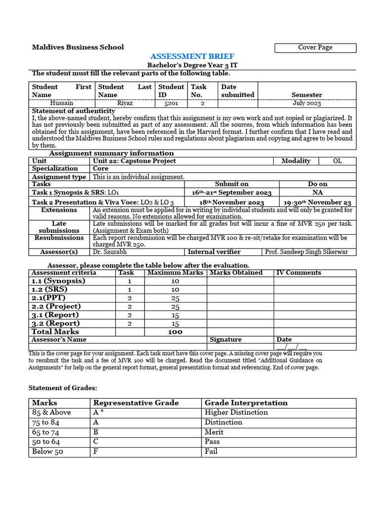 Assessment Brief - BITY3 - OL - Unit22 - CP - July2023 - Sem2 - SS - FV Final Project | PDF ...