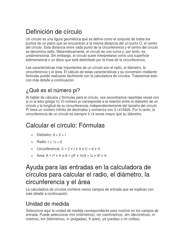 Cálculos y Fórmulas del Círculo | PDF | Pi | Diámetro