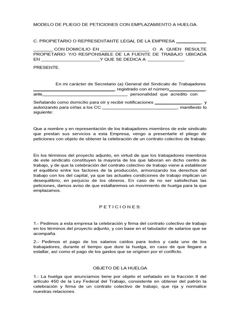 Modelo de Pliego de Peticiones Con Emplazamiento A Huelga | PDF | Justicia | Crimen y violencia