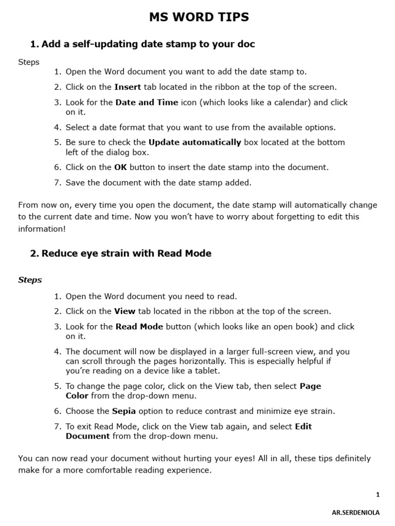 Ms Word Tips | PDF | Microsoft Word | Screenshot