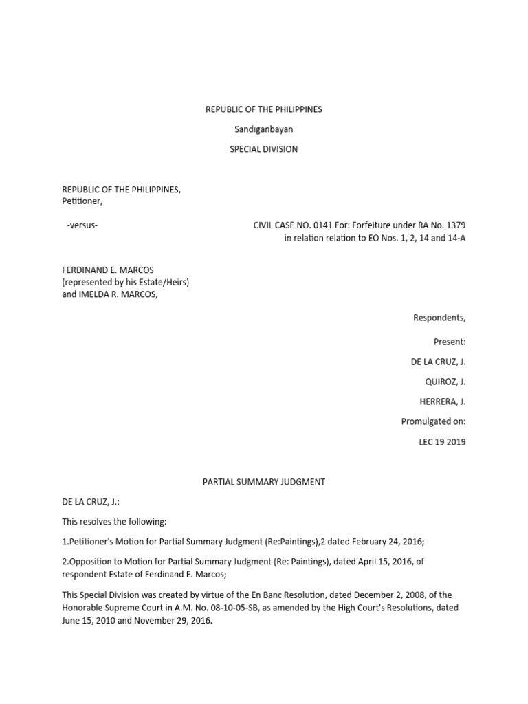 REPUBLIC OF THE PHILIPPINES V Marcos CIVIL CASE NO. 0141 | PDF ...