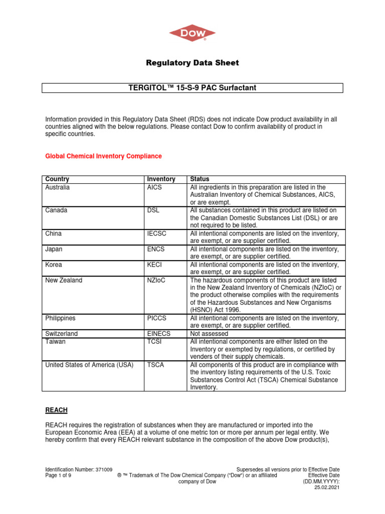TERGITOL 15 S 9 Surfactant Regulatory Data Sheet 000000185670 | PDF