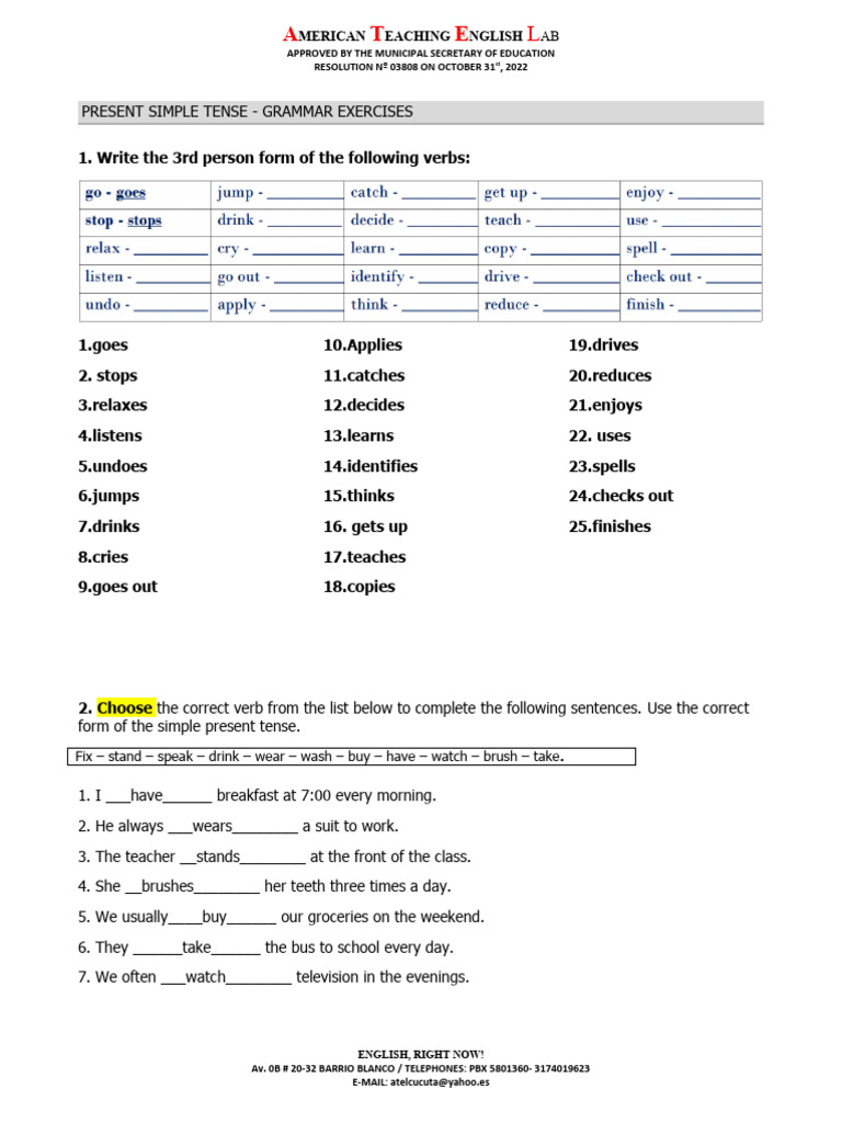 Present Simple Grammar Exercises | PDF | English Language | Linguistics