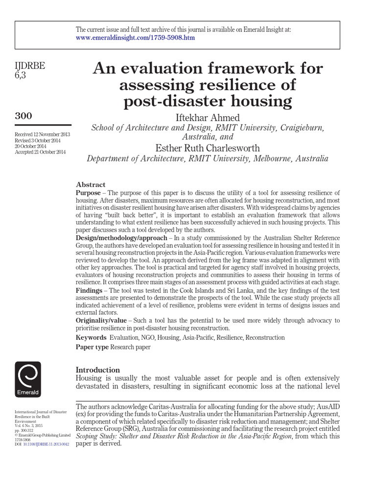 An Evaluation Framework For Assessing Resilience of Post-Disaster Housing | PDF | Psychological ...