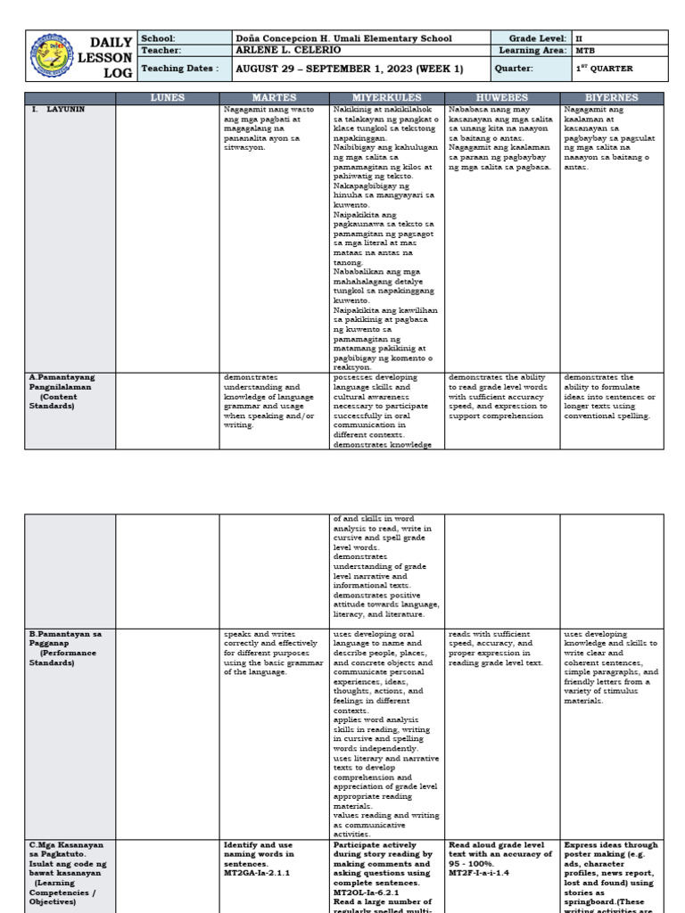 DLL - MTB 2 - Q1 - W1 | PDF