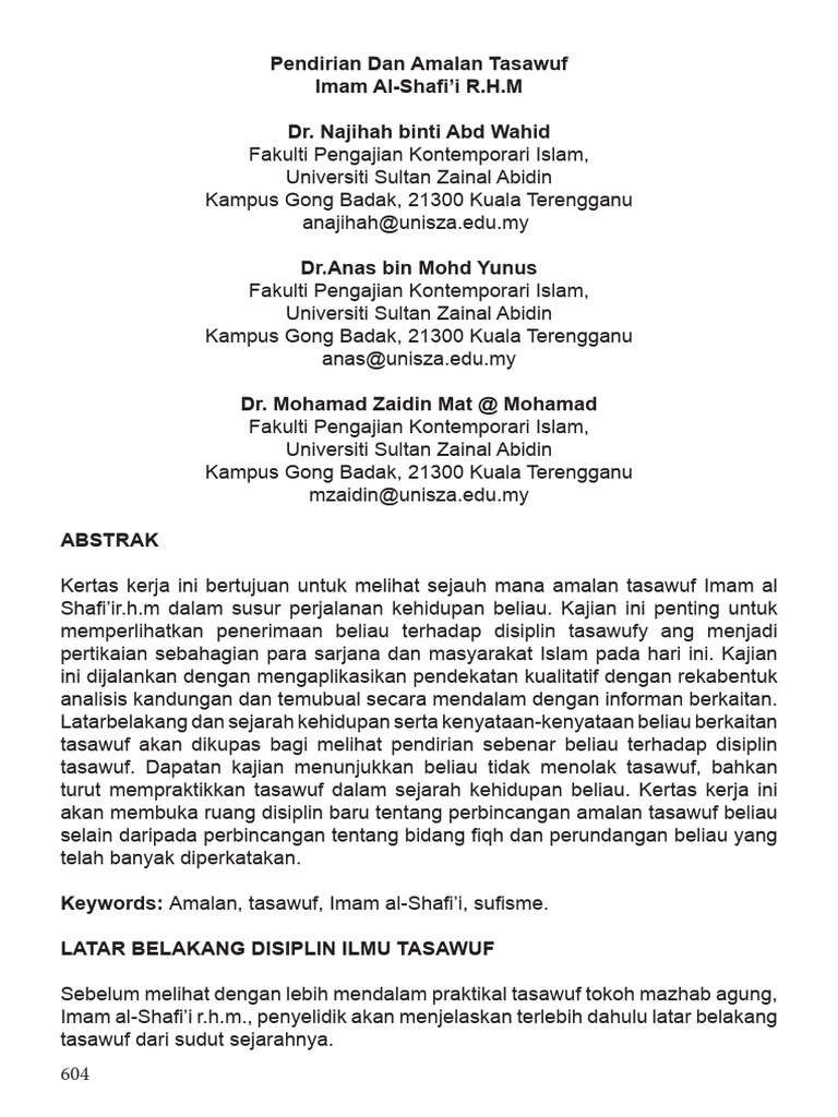 Pendirian Dan Amalan Tasawuf Imam Al-Shafi'i R.H.M Dr. Najihah Binti ...