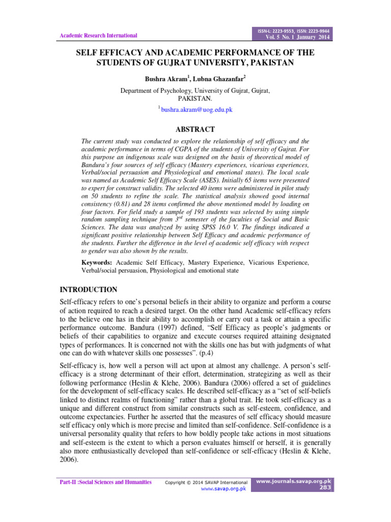 Akram and Ghazanfar 2014 - Self-Efficacy and Academic Performance of Students of Gujrat ...