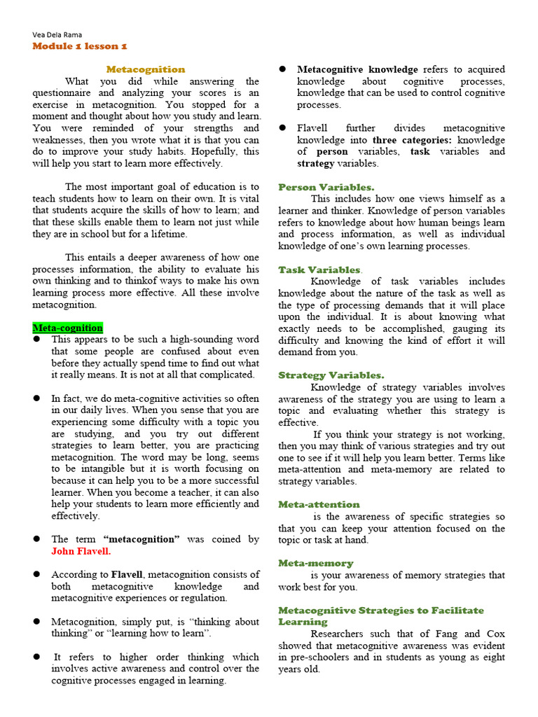 EDUC 222A M1 L&2.pdf (Ellvan) | PDF | Learning | Metacognition