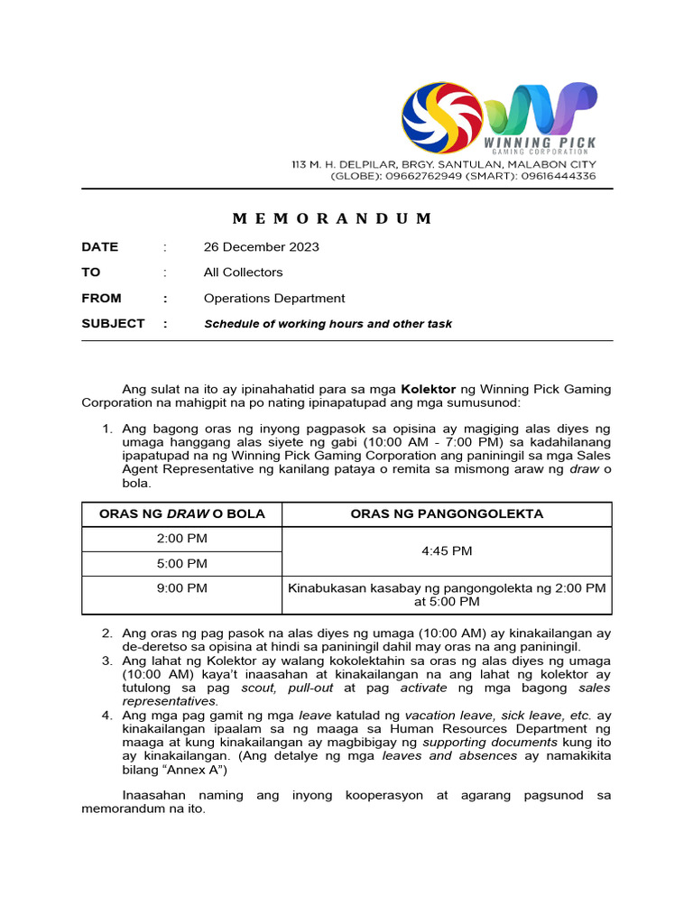 Schedule of Working Hours and Other Task | PDF