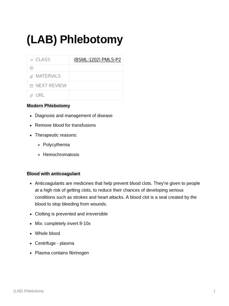 (LAB) Phlebotomy | PDF | Blood Plasma | Medical Specialties