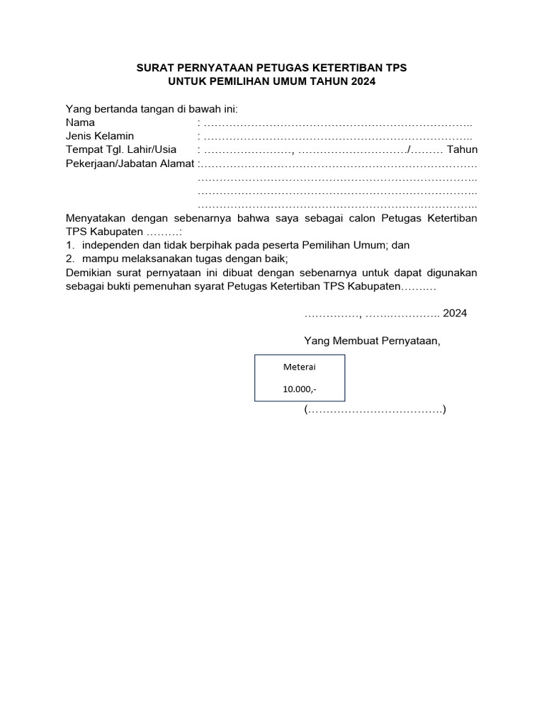 Contoh Surat Pernyataan Petugas Ketertiban TPS Pemilu 2024 | PDF | Game ...