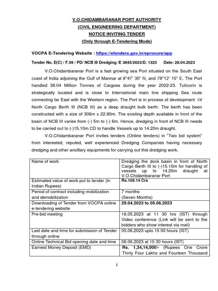 V.O.Chidambaranar Port Notice Inviting Tender | PDF | Joint Venture | Port V.O.Chidambaranar Port Notice Inviting Tender | PDF | Joint Venture | Port