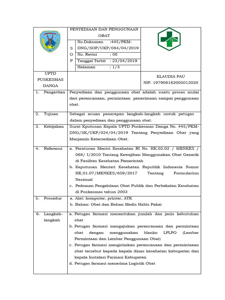 8.2.1.2 Sop Penyediaan Obat Dan Penggunaan Obat | PDF